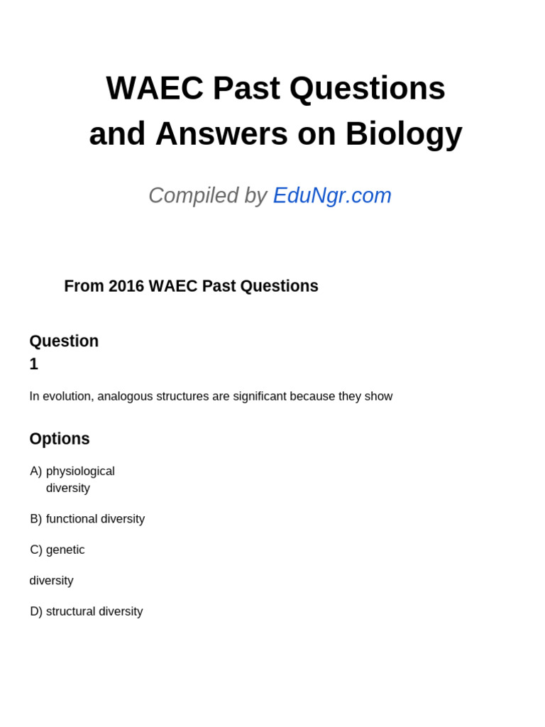 Biology Past Questions WAEC 1 by MR Shooters Ditto Ditto Solution | PDF ...