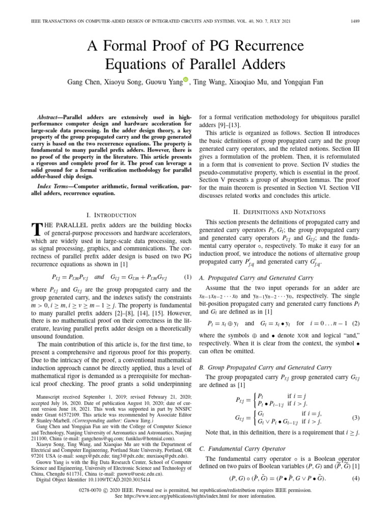 A Formal Proof of PG Recurrence Equations of Parallel Adders | PDF ...