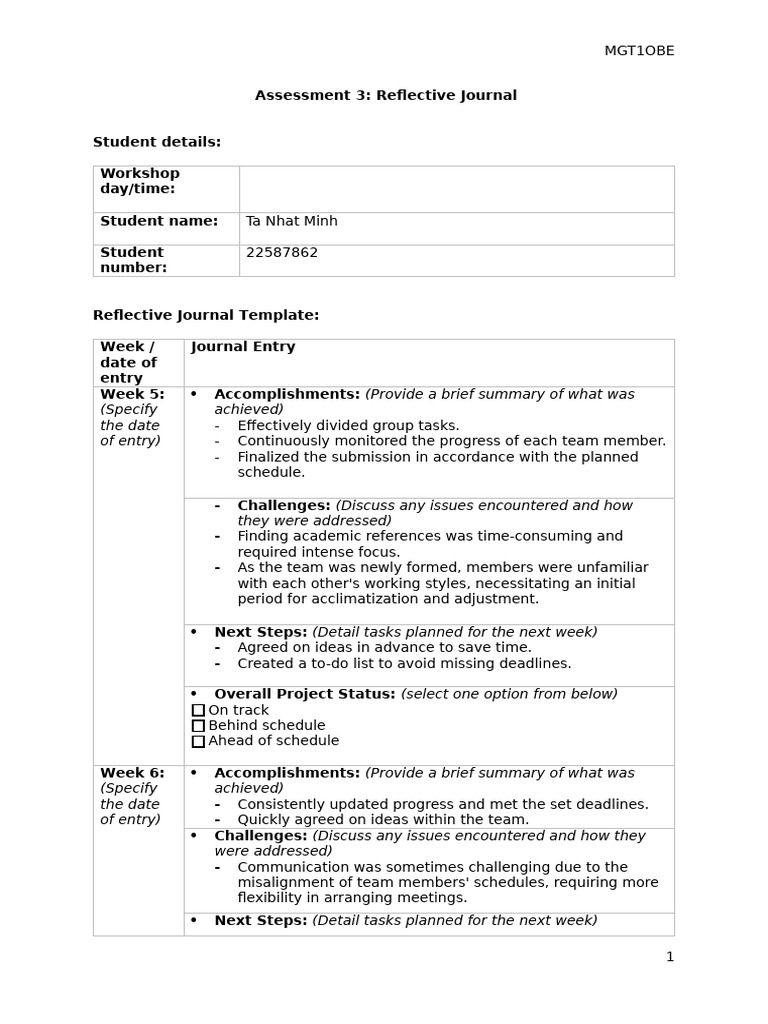 Assessment 3 - Reflective Journal Template | PDF | Time Management ...