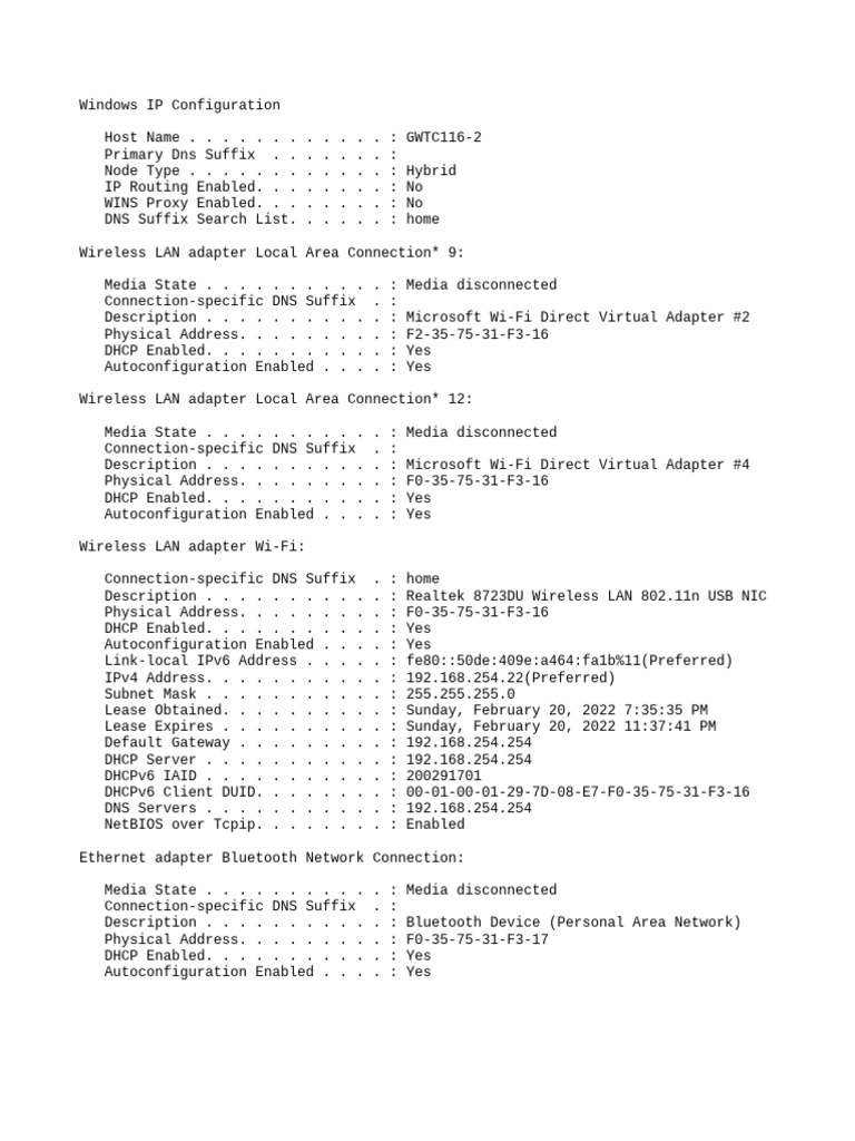 ipconfig.all | PDF | Computer Networking | Internet Architecture