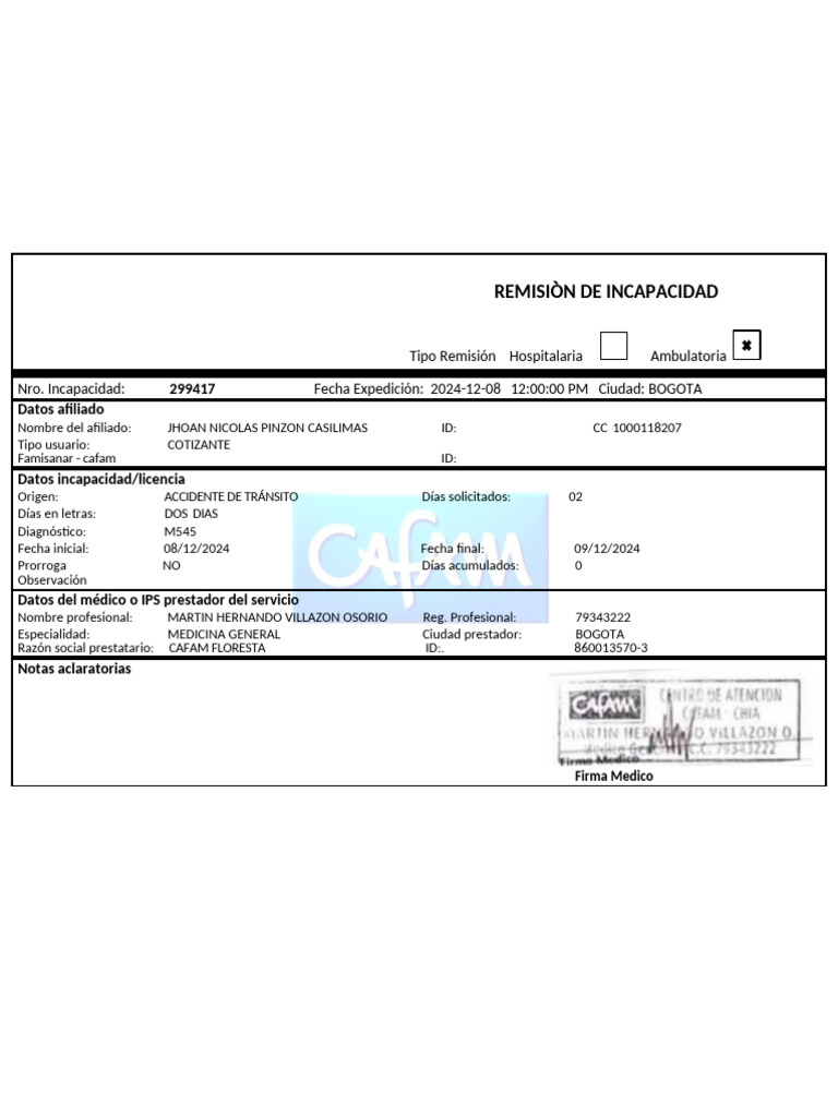 Remisión de Incapacidad Cafam 2024 | PDF