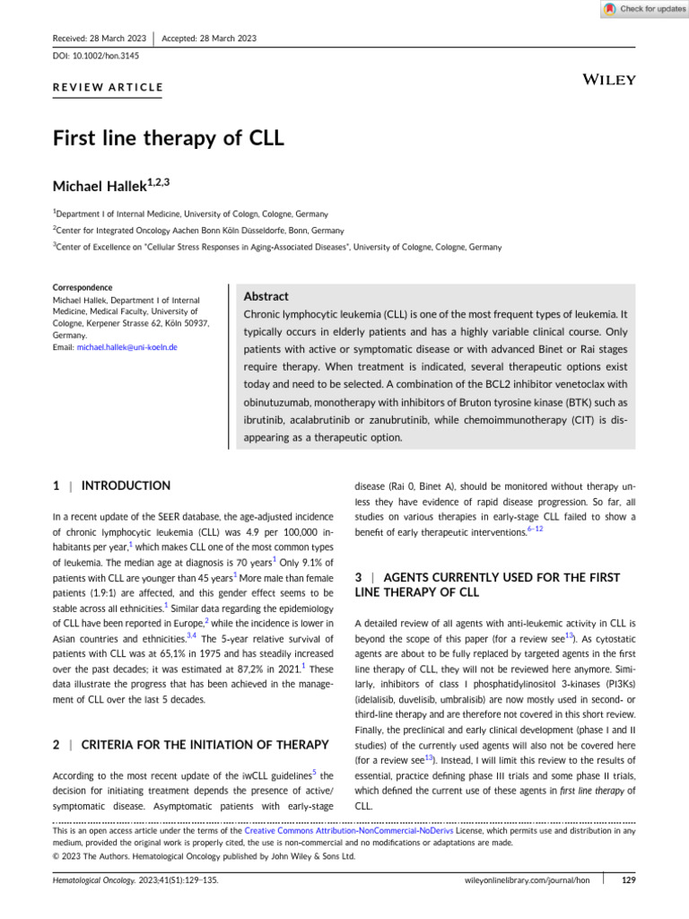 Hematological Oncology - 2023 - Hallek - First Line Therapy of CLL | PDF | Medicine | Causes Of ...