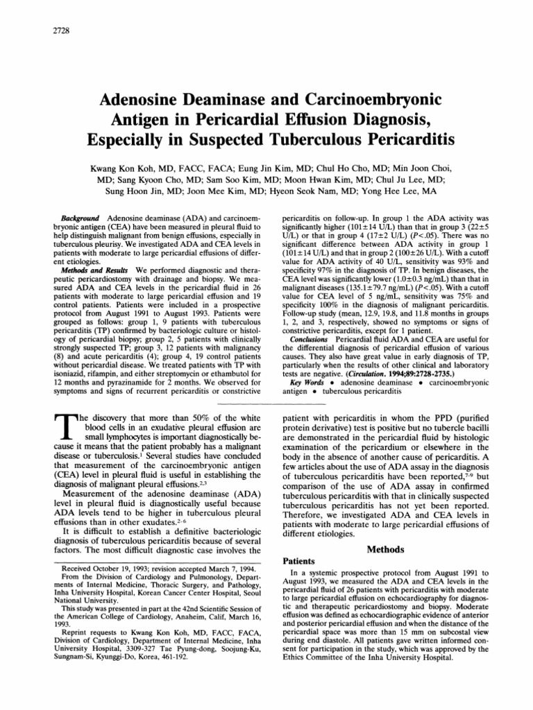 ADA and CEA in Pericardial Effusion Diagnosis | PDF | Clinical Medicine ...
