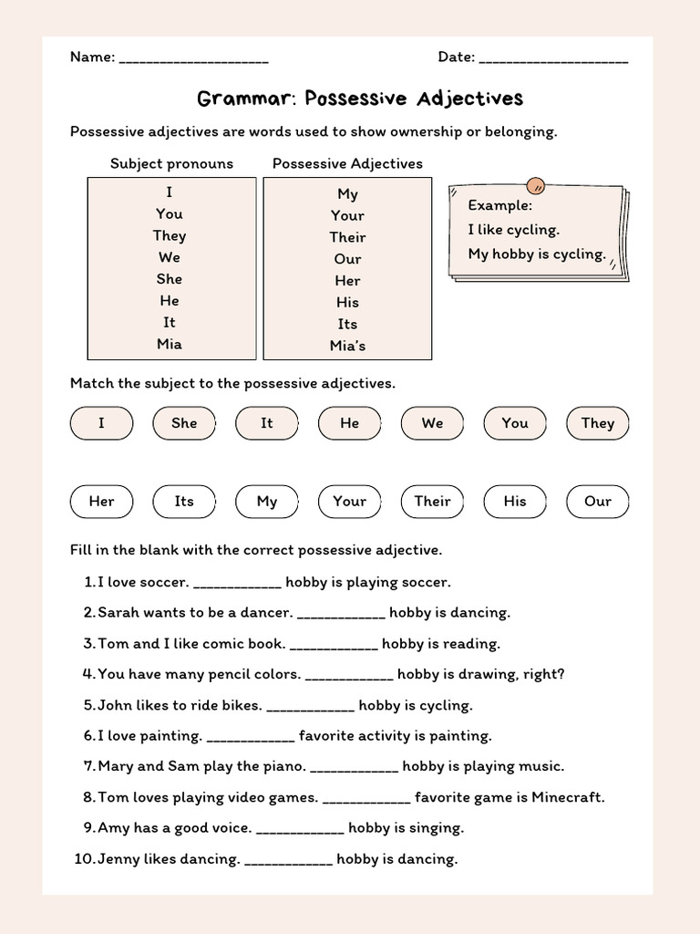 Possessive Adjectives English Worksheet in Pink | PDF