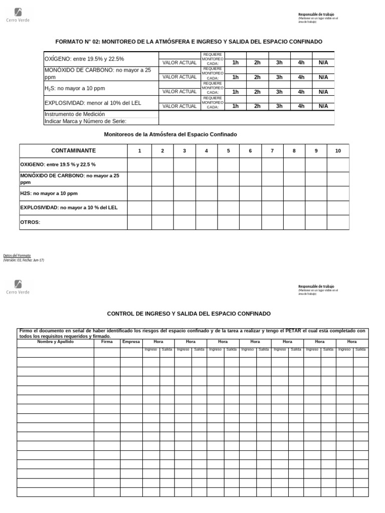 Formato 2 Monitoreo de la atm_sfera e ingreso y salida del EC_v.03 | PDF | Naturaleza | Atmósfera