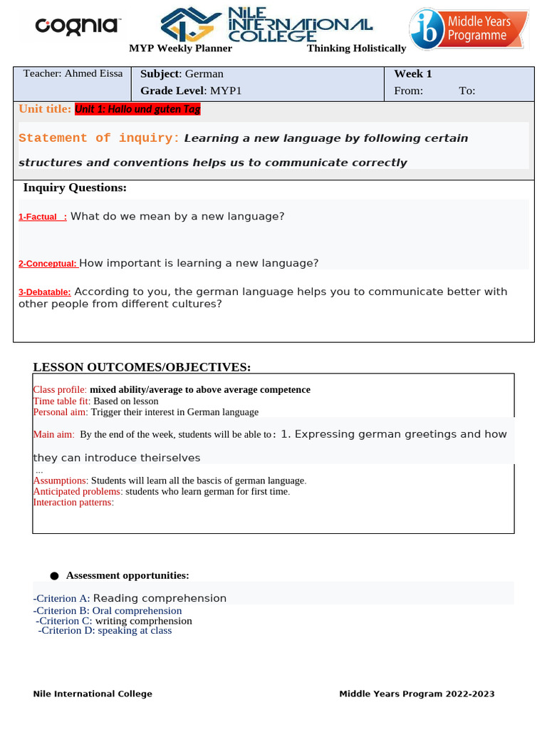 Weekly Lesson Plan Myp 1 | PDF | Lesson Plan | Reading Comprehension
