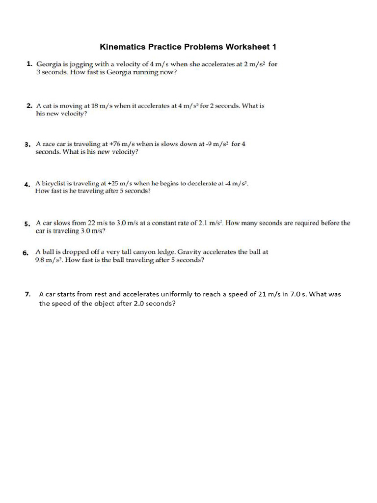 Kinematics Practice Problems Worksheet 1 PDF | PDF