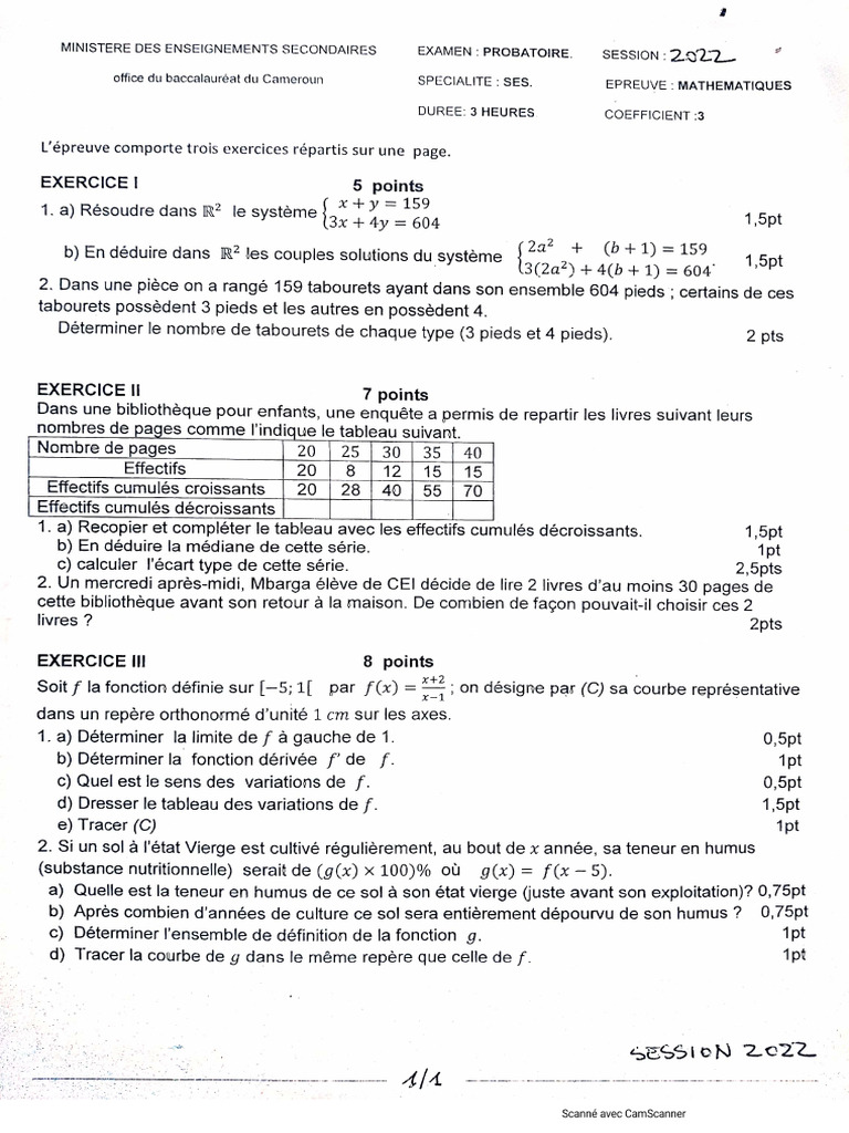 Epreuve de Mathematiques Probatoire Ses 2022 | PDF