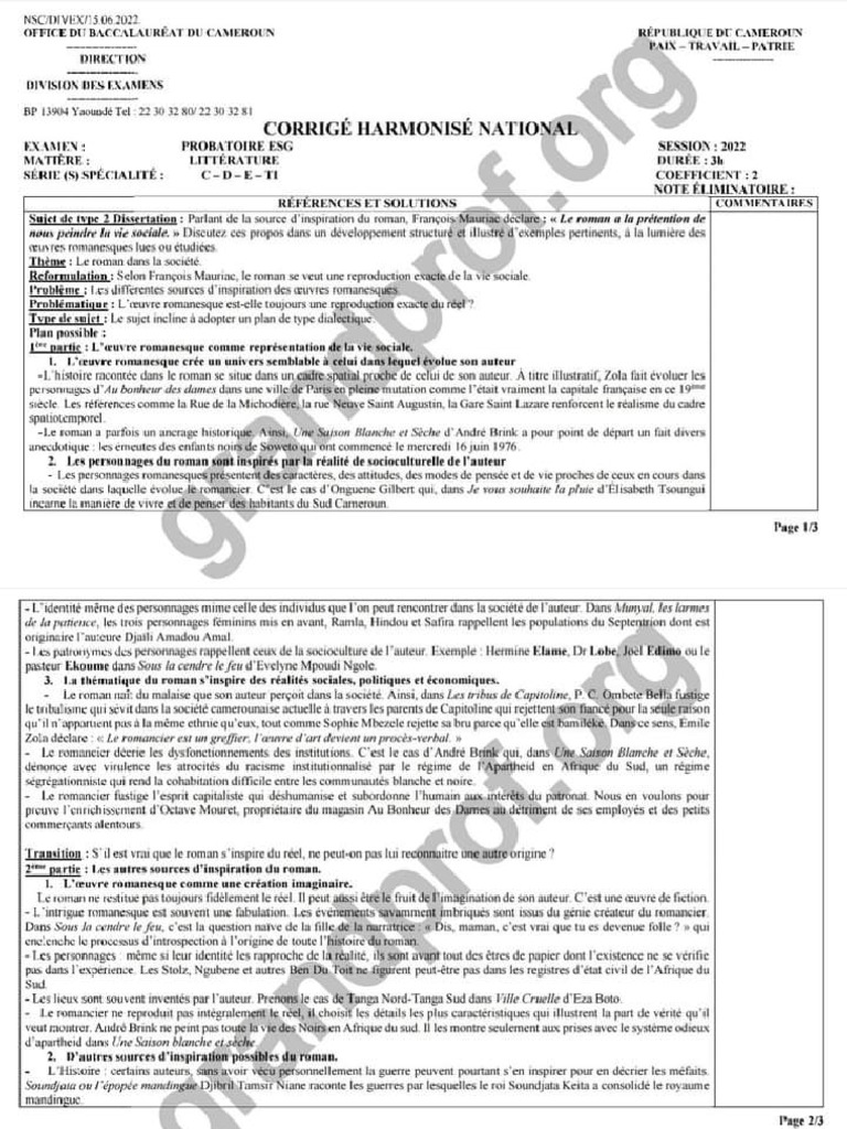 Corrige National Littérature Probatoire C-D-Ti 2022 | PDF