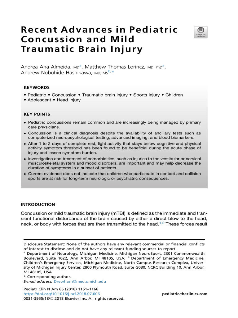 Recent Advances in Pediatric Concussion and Mild Traumatic Brain Injury ...