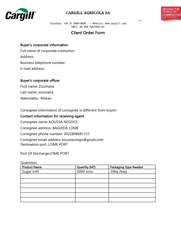 Cargill Client Order Form Details | PDF