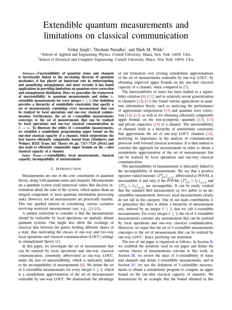Extendible Quantum Measurements and Limitations on Classical ...