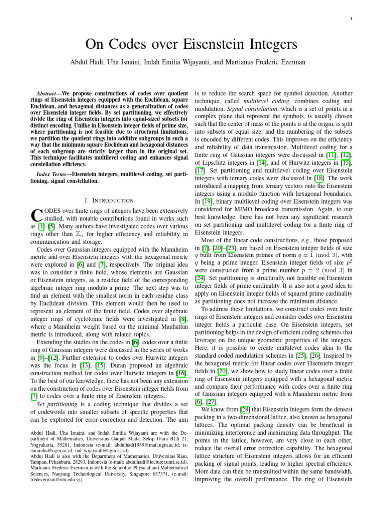 On Codes Over Eisenstein Integers | PDF | Field (Mathematics) | Ring (Mathematics)
