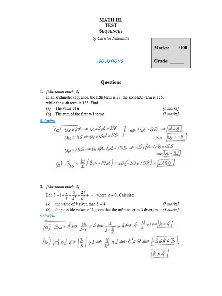 Test 1 Sequences Solutions PDF Sequence Arithmetic