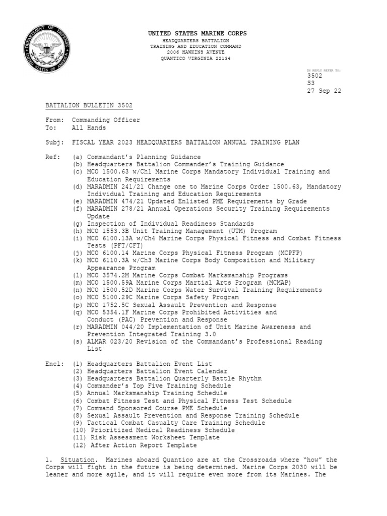 FY23 Training Plan for HQ Battalion | PDF | United States Marine Corps ...