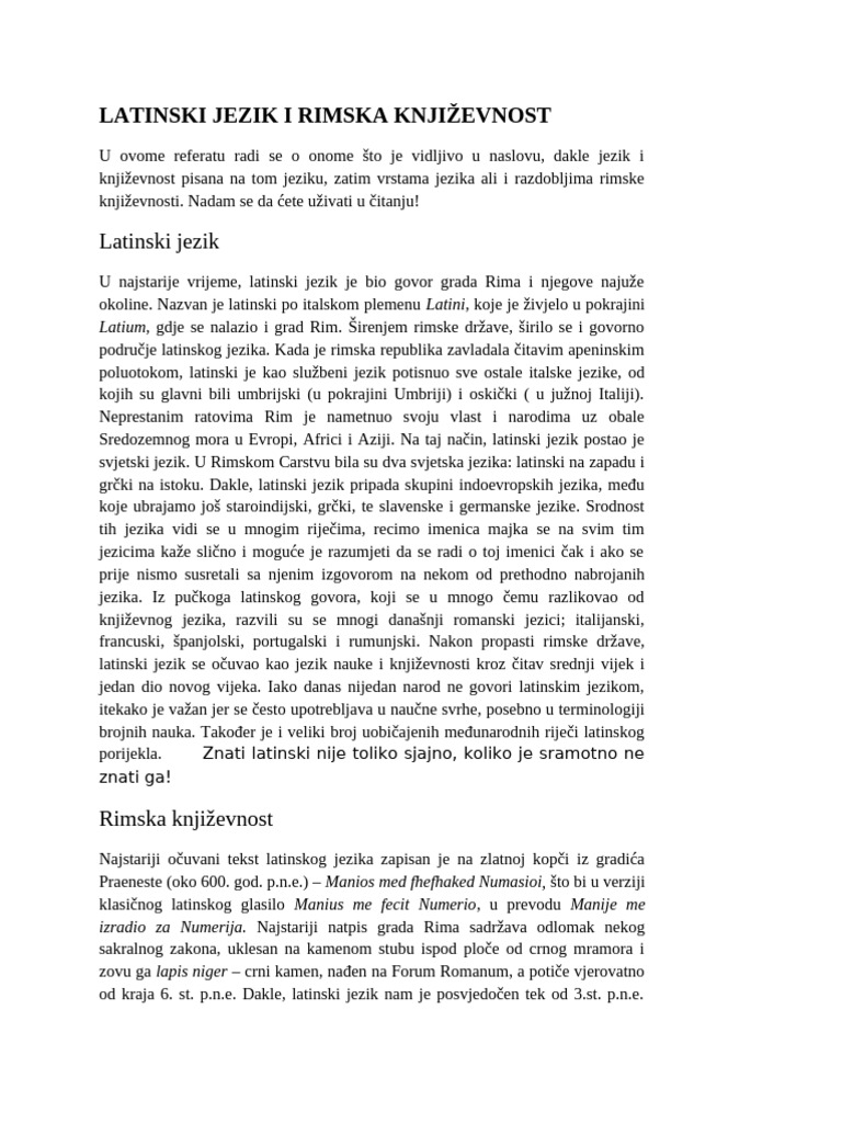 Latinski Jezik I Rimska Književnost | PDF