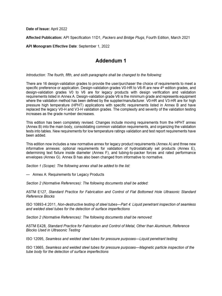 API Specification 11D1, Packers and Bridge Plugs, Fourth Edition, March 2021 Validacion de V0 ...