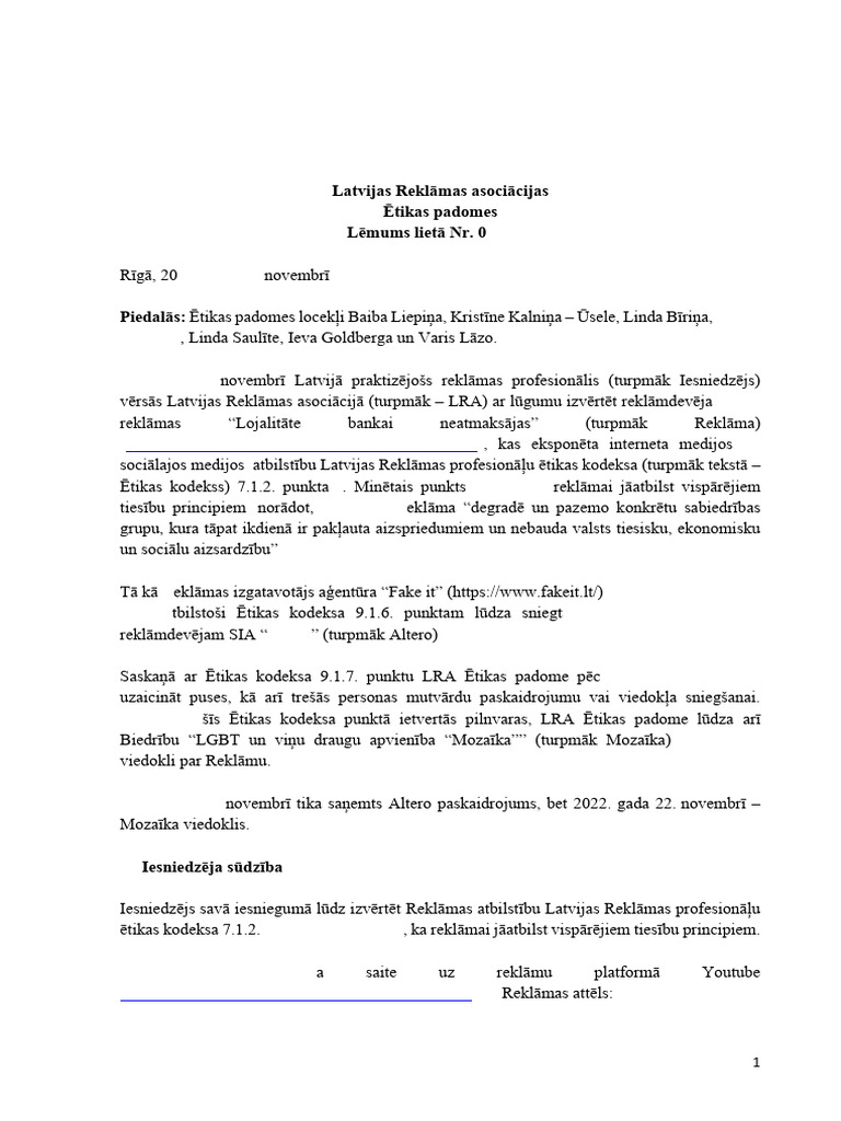 LRA Ētikas-Padome Altero Reklāma 29112022 | PDF