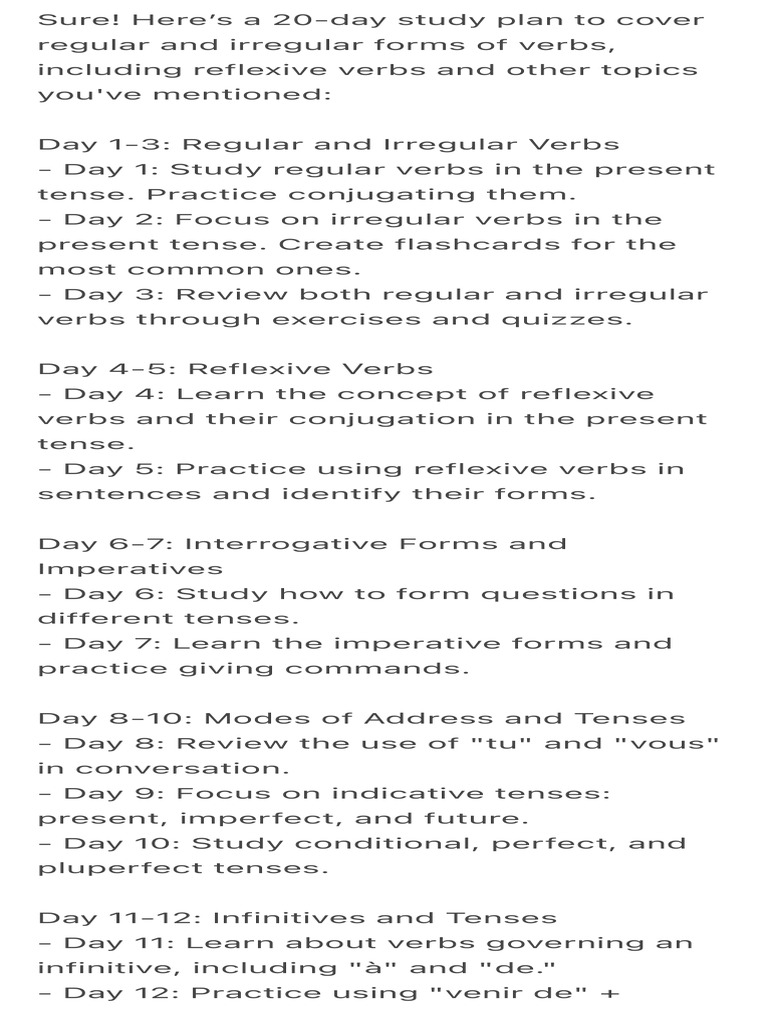 Sure! Here's A 20-Day Study Plan To Cover Regular and Irregular Forms ...