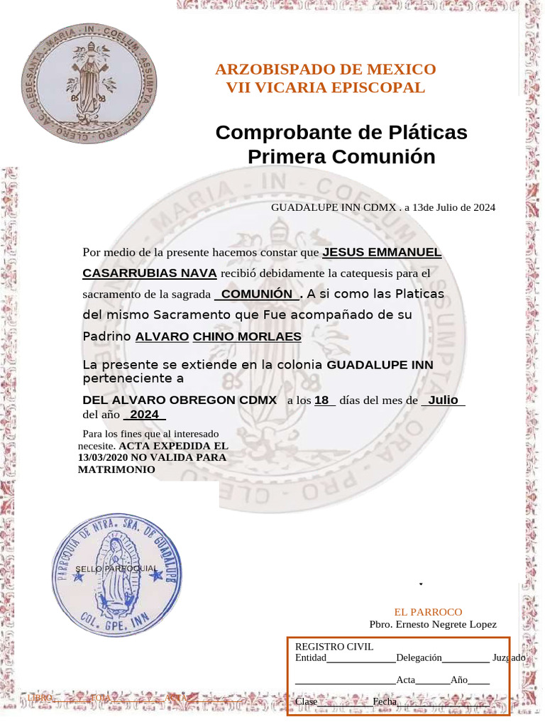 Comprobante de Catequesis y Pláticas | PDF