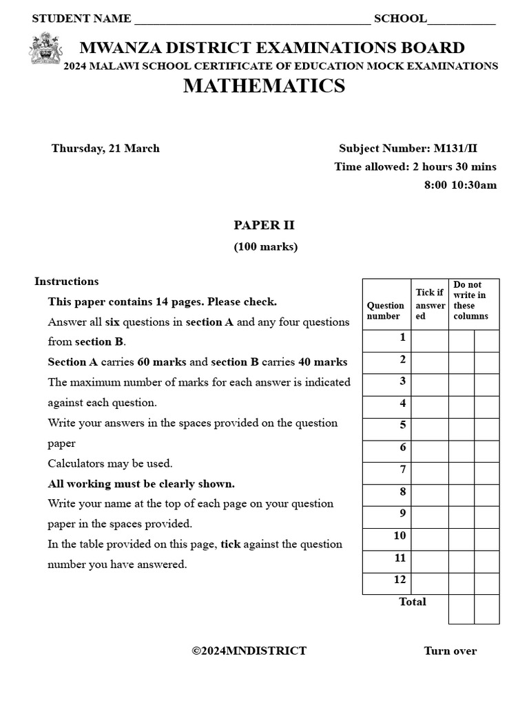 2024 MSCE MATH PII Mwanza Cluster | PDF | Circle | Angle