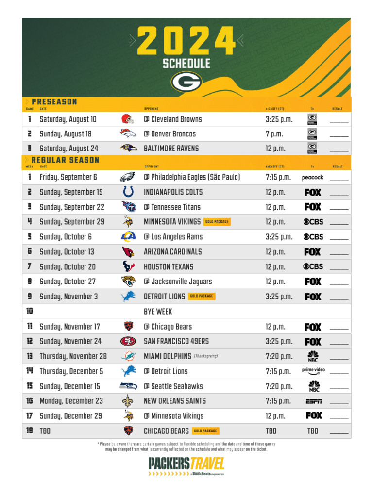 2024 PACKERS SCHEDULE | PDF | National Football League | American Football