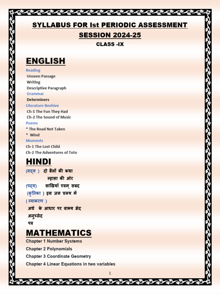Syllabus Class9 Pd1 Session2024-25 | PDF
