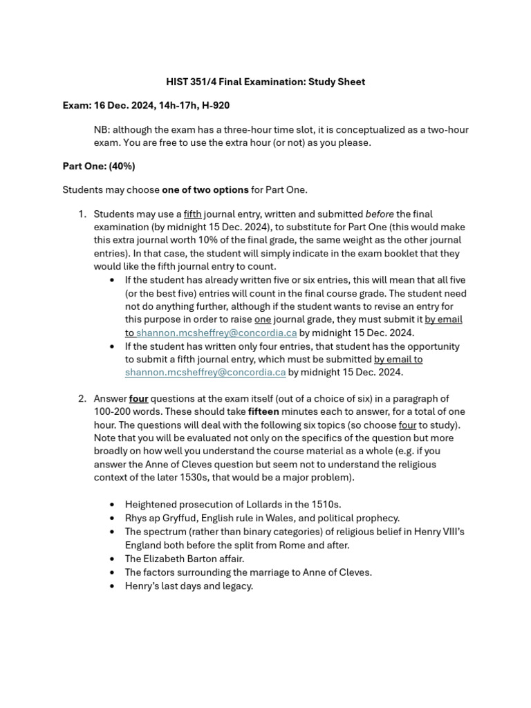 HIST 351 Study Sheet | PDF