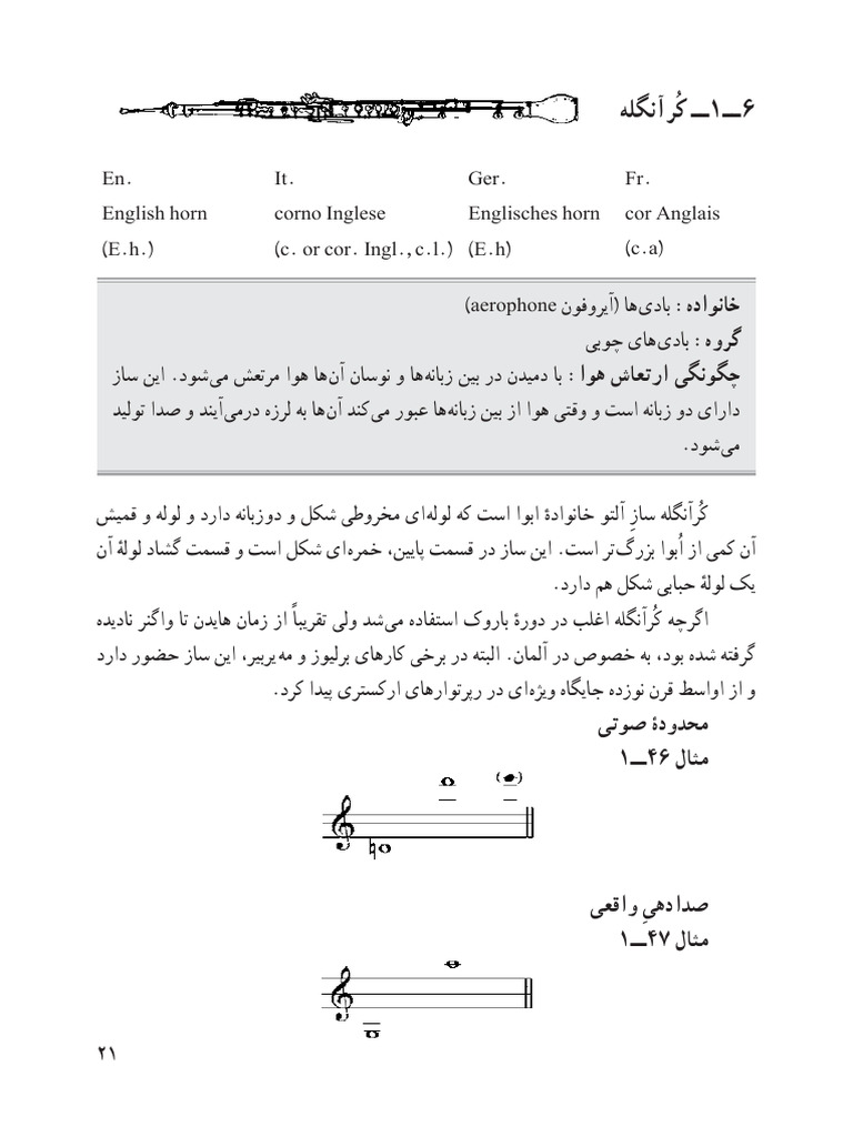 Fr. Cor Anglais (C.a) Ger. Englisches Horn (E.h) It. Corno Inglese (C. or Cor. Ingl., C.L.) En ...