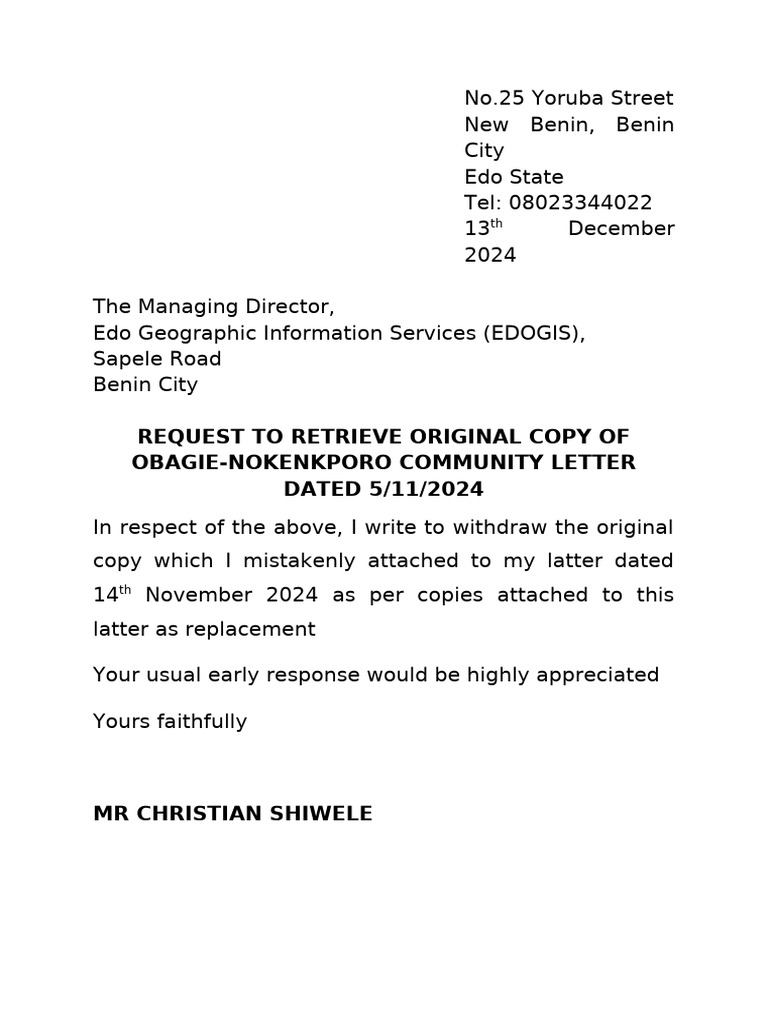 Request To Retrieve Original Copy of Obagie-Nokenkporo Community Letter ...
