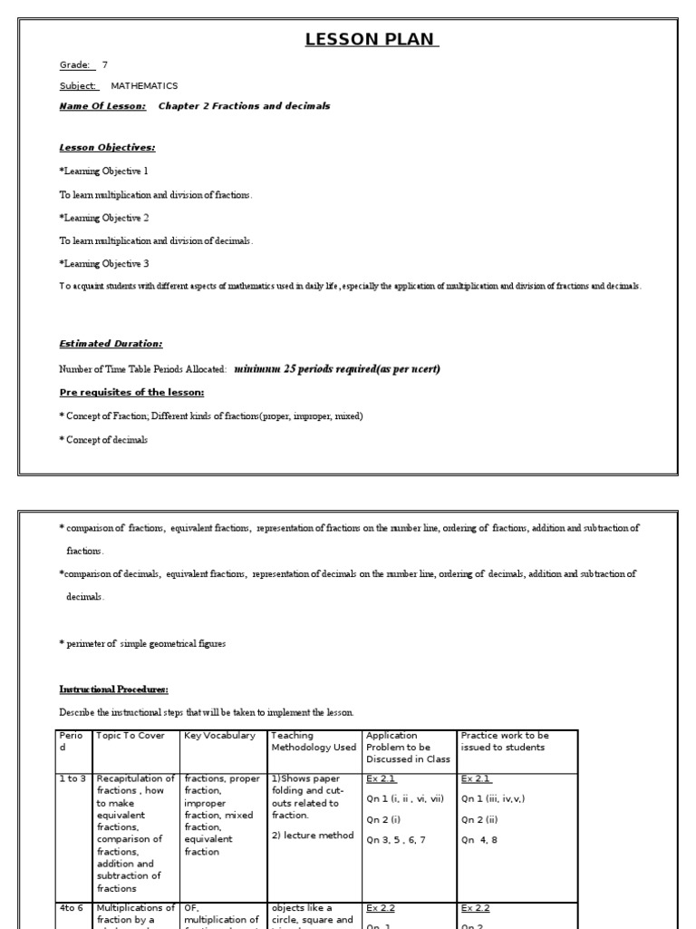 LESSON PLAN - Fractions and Decimals - Doc Ch2 | PDF | Fraction ...
