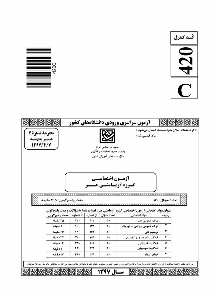 دانلود سوالات کنکور هنر 1397 | PDF