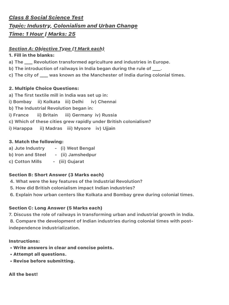 Class 8 Social Science Test: Industry & Colonialism | PDF