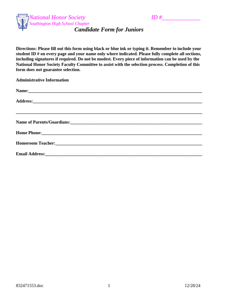 Candidate Form For Juniors | PDF