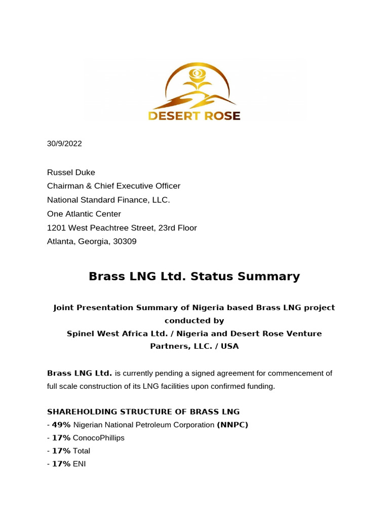 Brass LNG Summary-Nsf | PDF | Liquefied Natural Gas | Petroleum Industry