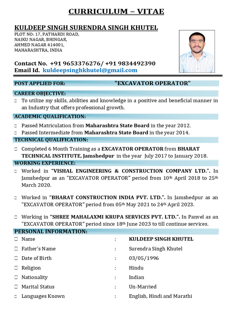 Kuldeep Singh Surendra Singh Khutel CV - Excavator Operator - Updated-1 | PDF