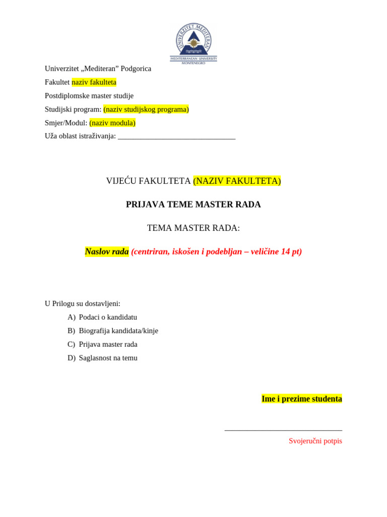 Prijava Master Rada Obrazac (1) | PDF