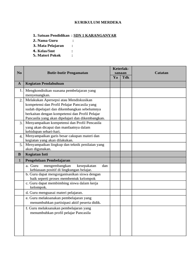 Instrumen Supervisi KBM Kurmer | PDF