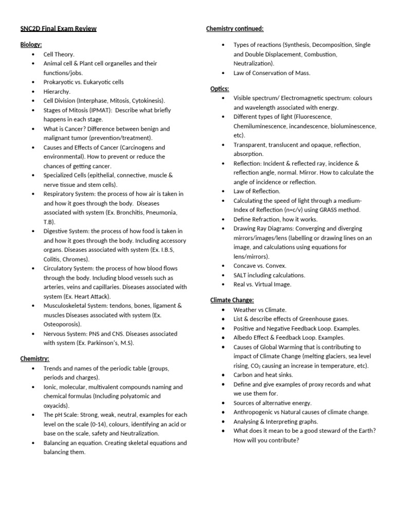 SNC2D Final Exam Review 2023 | PDF | Oxide | Reflection (Physics)