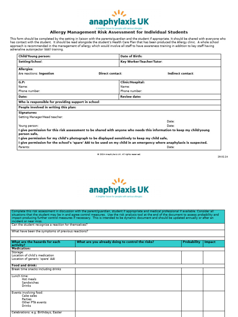 Allergy Management Risk Assessment Form | PDF