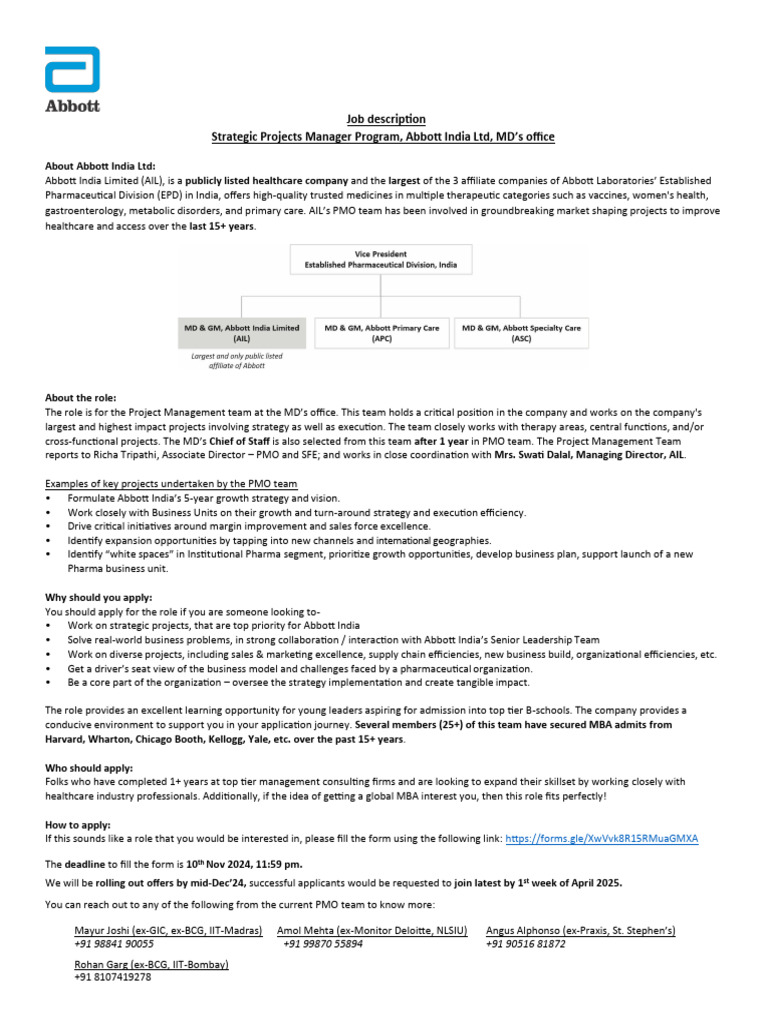 Abbott India Ltd. - JD - Strategic Projects Manager Program - VF | PDF ...