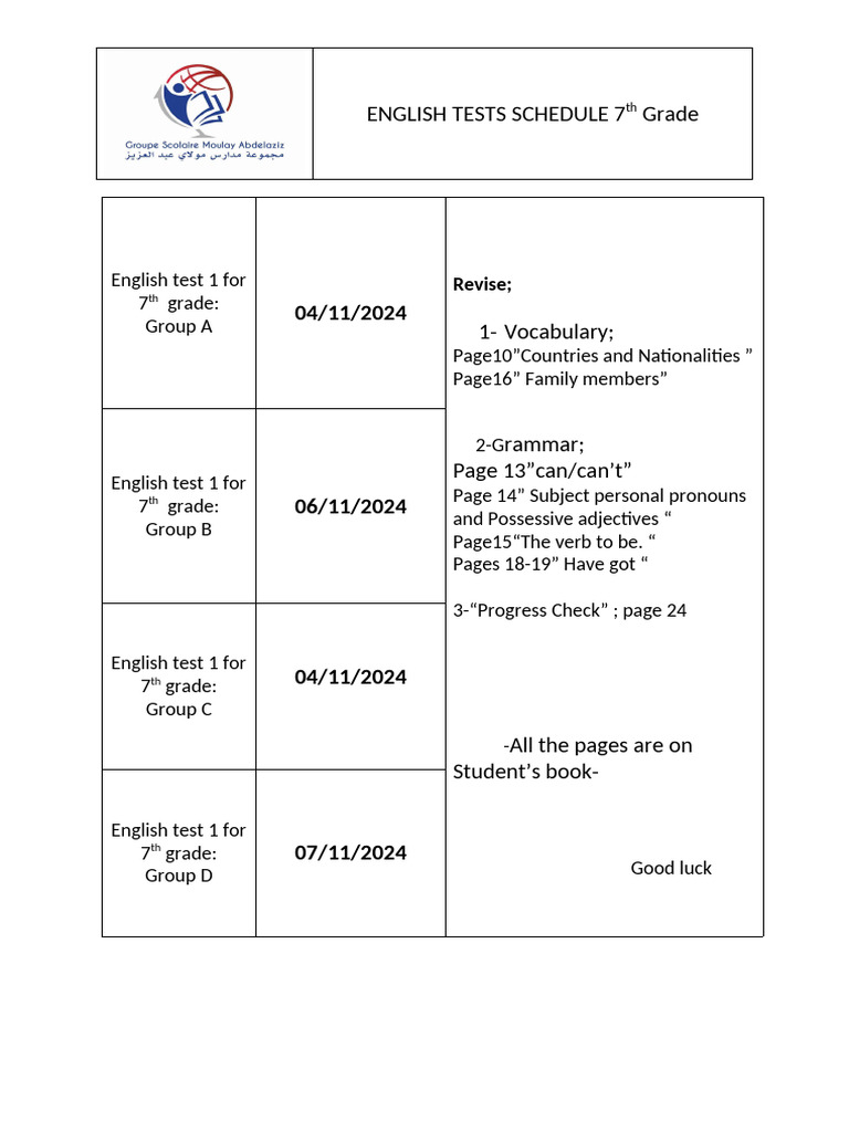 English Test SCHEDULE 7th Grade 1st Test 4 | PDF