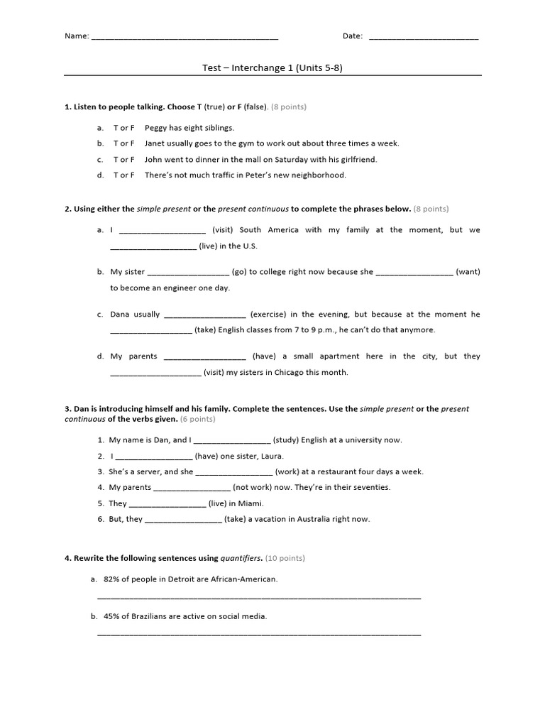 Interchange 1 Test (Units 5-8) 11 | PDF | Linguistics | Language Mechanics