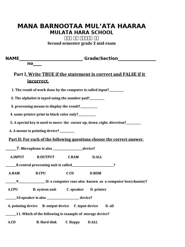 Grade2 Mid Exam | PDF | Input/Output | Cursor (User Interface)