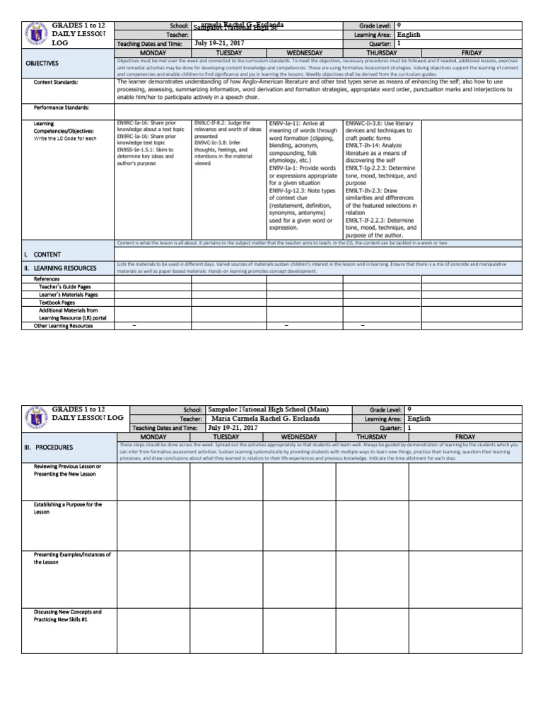 pdfcoffee.com_dll-1st-quarter-english-9-pdf-free(1) | PDF | Learning | Teachers