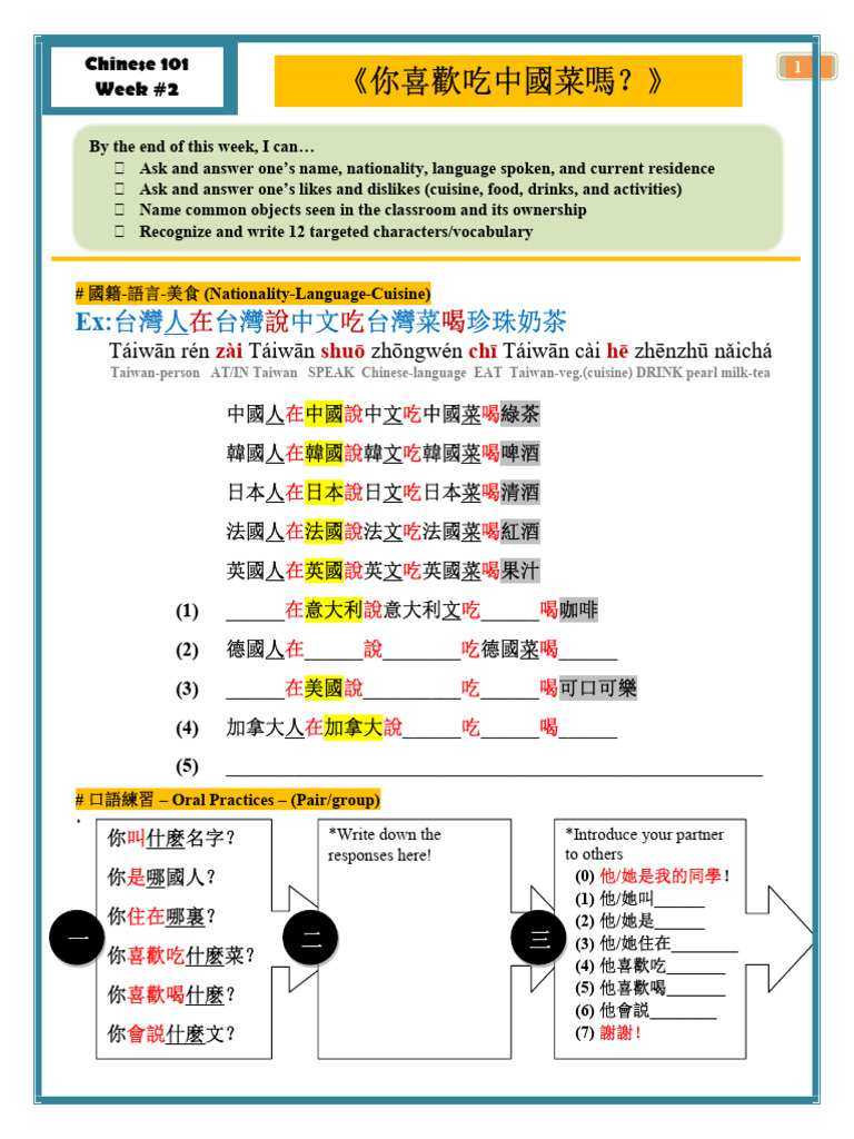 Chinese 101 - Week 2 - Worksheets | PDF
