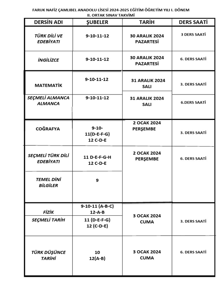 Sınav Takvimi 2024 Yil Sonu 2.sinav | PDF