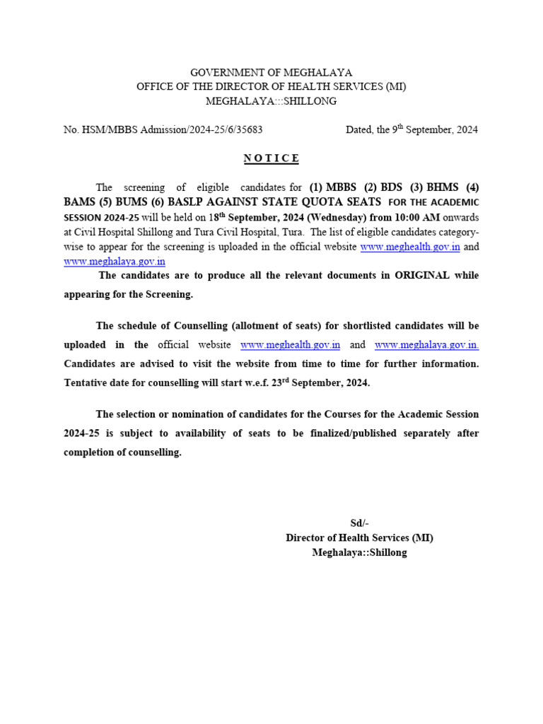 Notice Screening MBBS 2024 25 | PDF