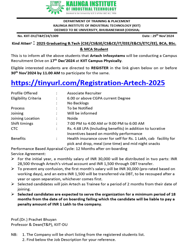 Registration For Artech Infosystems Recruitment Drive-2025 Graduating ...