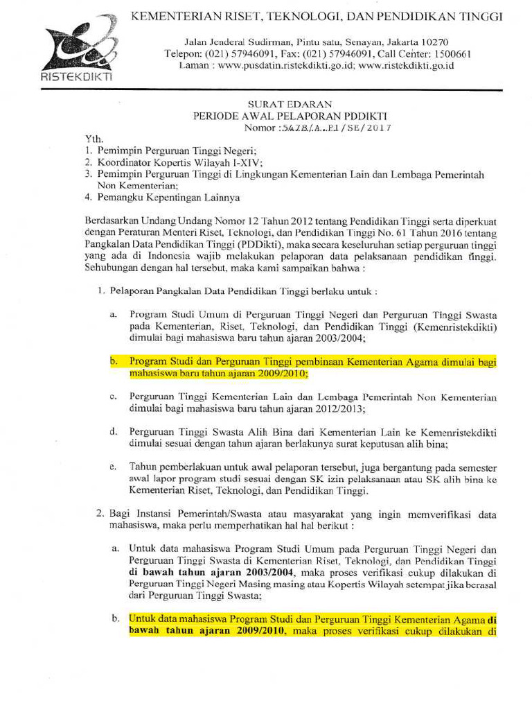 Surat Edaran Periode Awal Pelaporan PDDikti 5478A.P1SE2017 | PDF